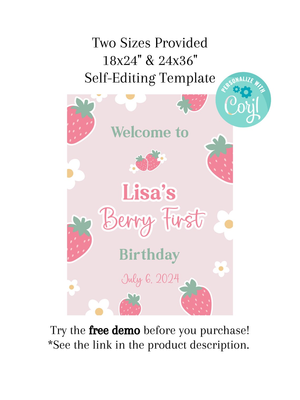 Berry First Birthday Welcome Sign: Strawberry Party Decor (digital ...