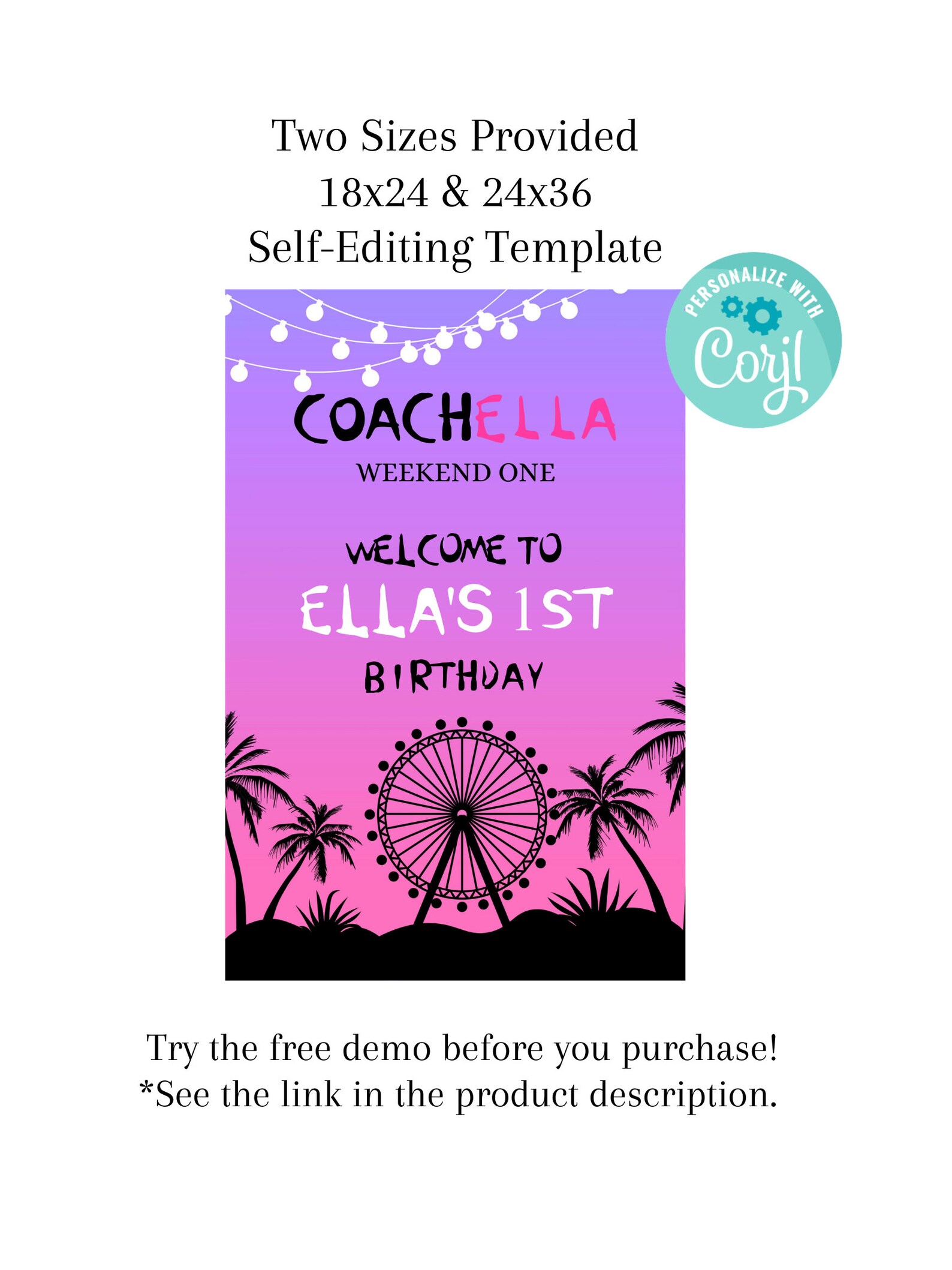 Coachella Birthday Sign, Coachella Custom Sign, Editable Pink & Purple ...