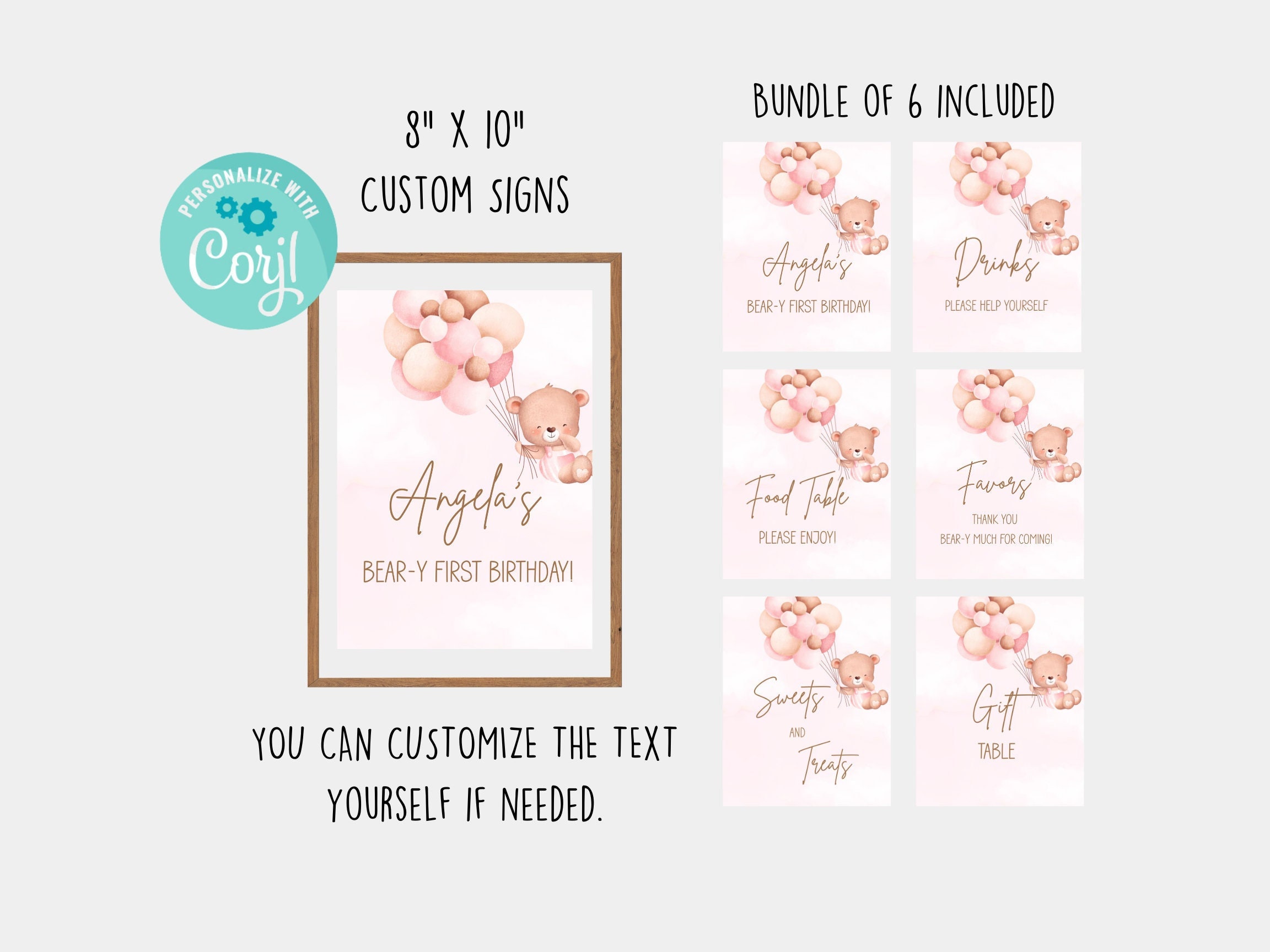 Editable Teddy Bear Girl Birthday Signs, Teddy Bear Theme Signs, Bear ...