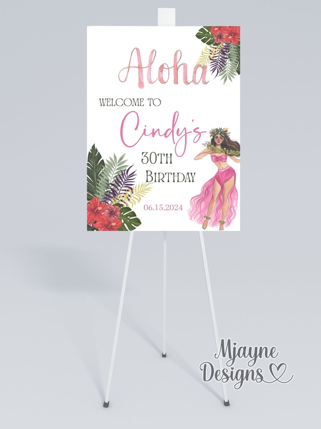 Editable Hawaiian Luau Birthday Welcome Sign Template, Hula Girl ...