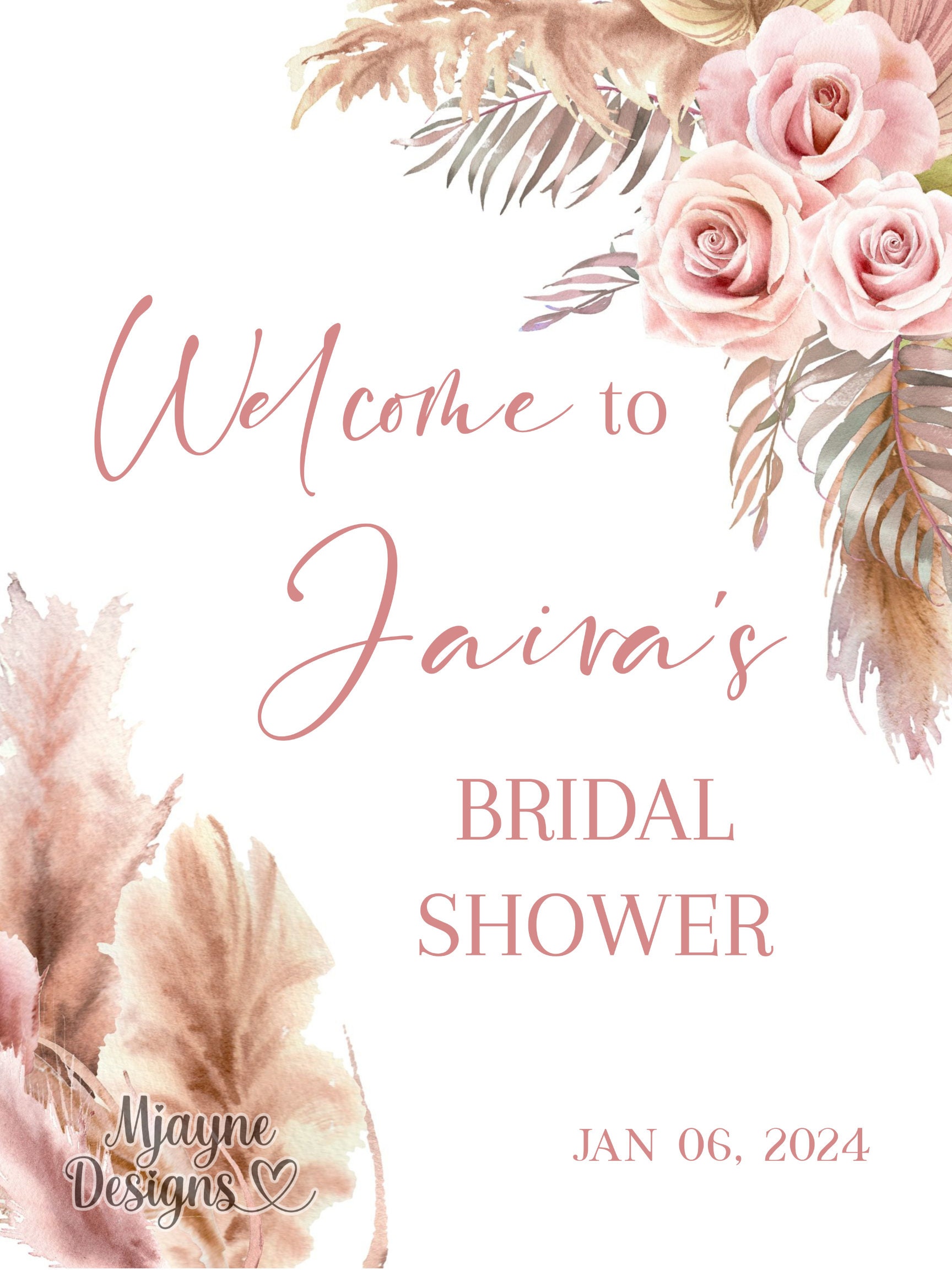 Editable Blush Pink Boho Theme Sign, Boho Dusty Pink Floral, Bridal ...