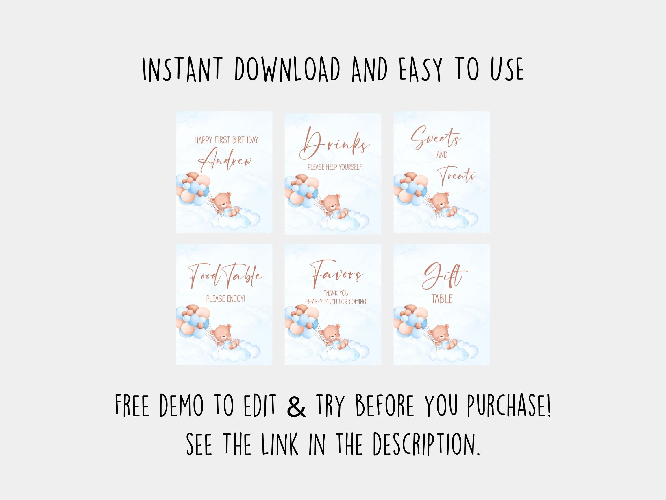 Editable Teddy Bear Boy Birthday Sign, Teddy Bear Theme Signs, Beary ...