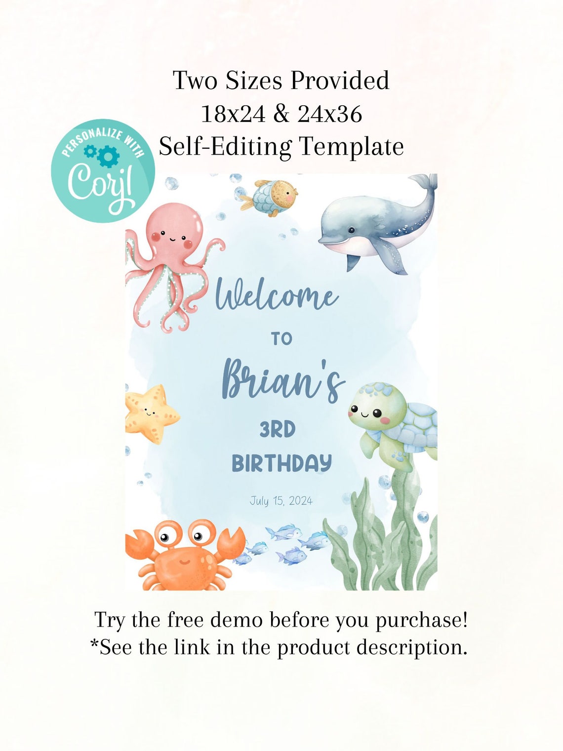 Editable Under the Sea Birthday Welcome Sign, Ocean Animal Birthday ...
