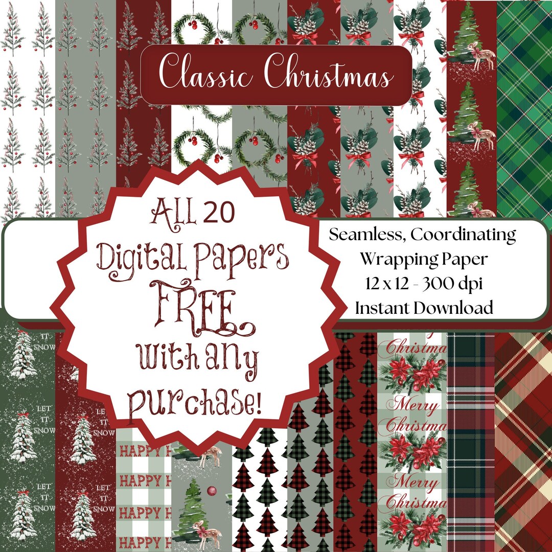 Classic Christmas Printable Digital Paper Pack 20 Seamless - Etsy