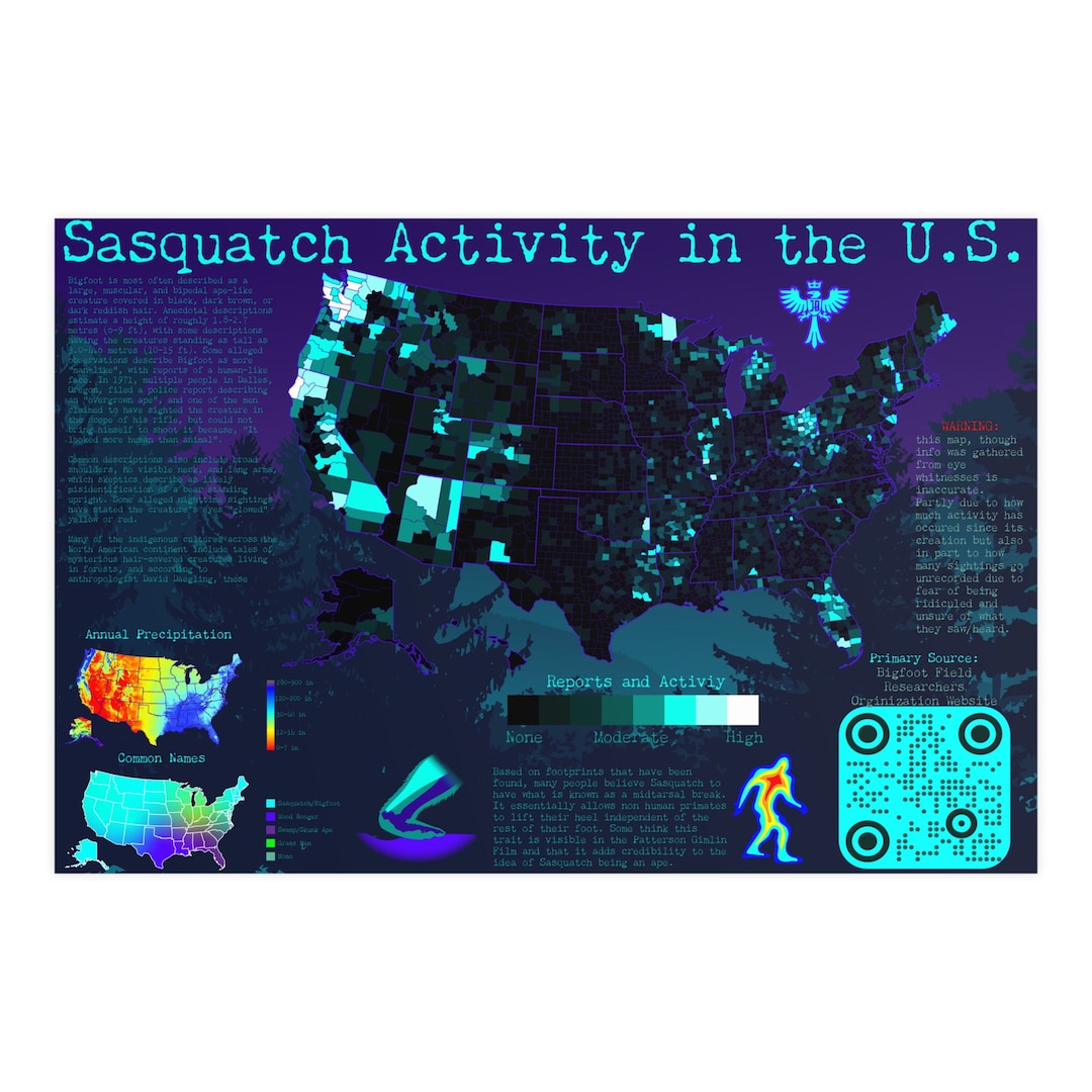 Sasquatch Activity Poster Bigfoot Activity Map Map of USA Bigfoot Gift ...