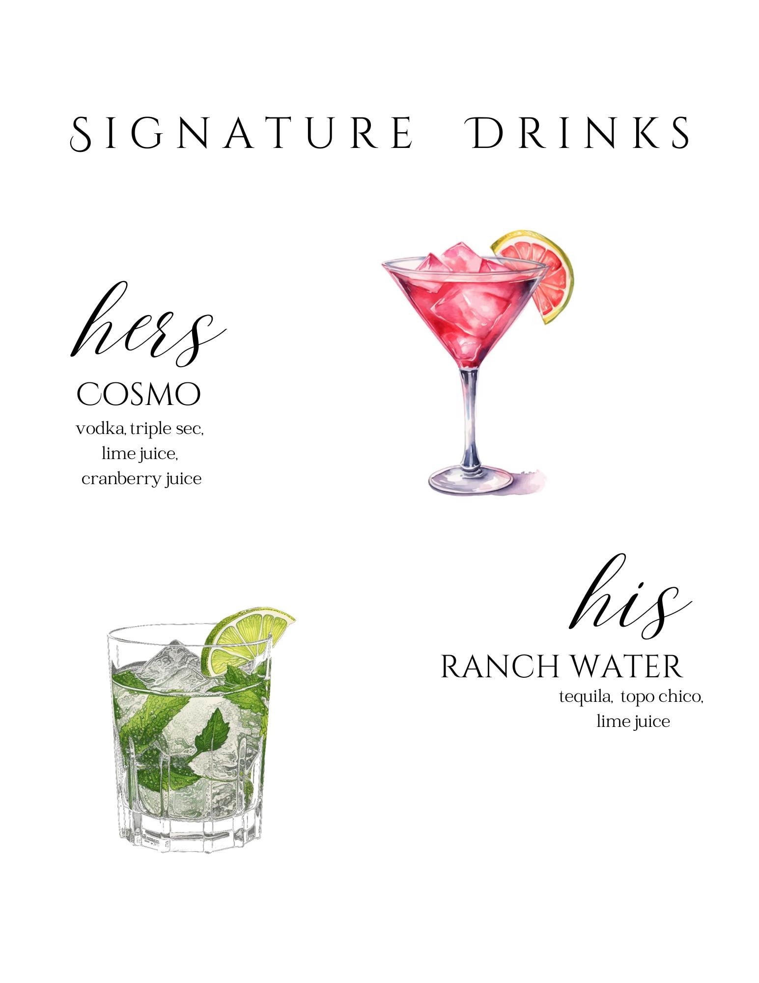 Signature Drink Wedding Menu (cosmo & Ranch Water) - Etsy