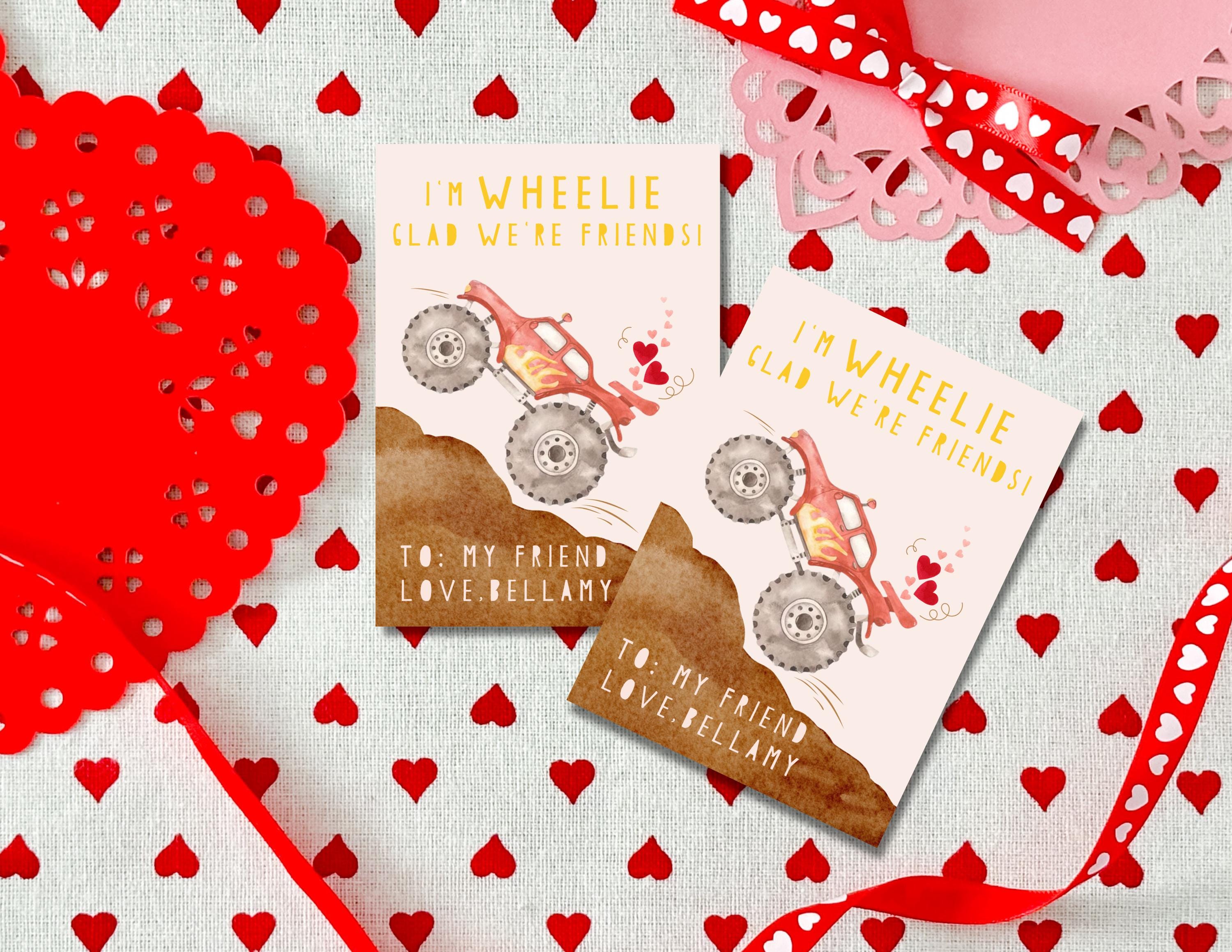Printable Class Valentines for Kids, Monster Trucks, Wheelie Glad We're ...