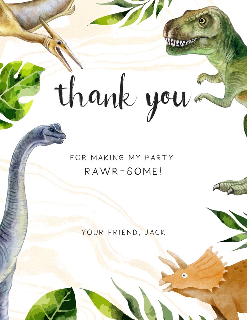 Printable Dinosaur Birthday Thank You Card: Editable Template (digital ...