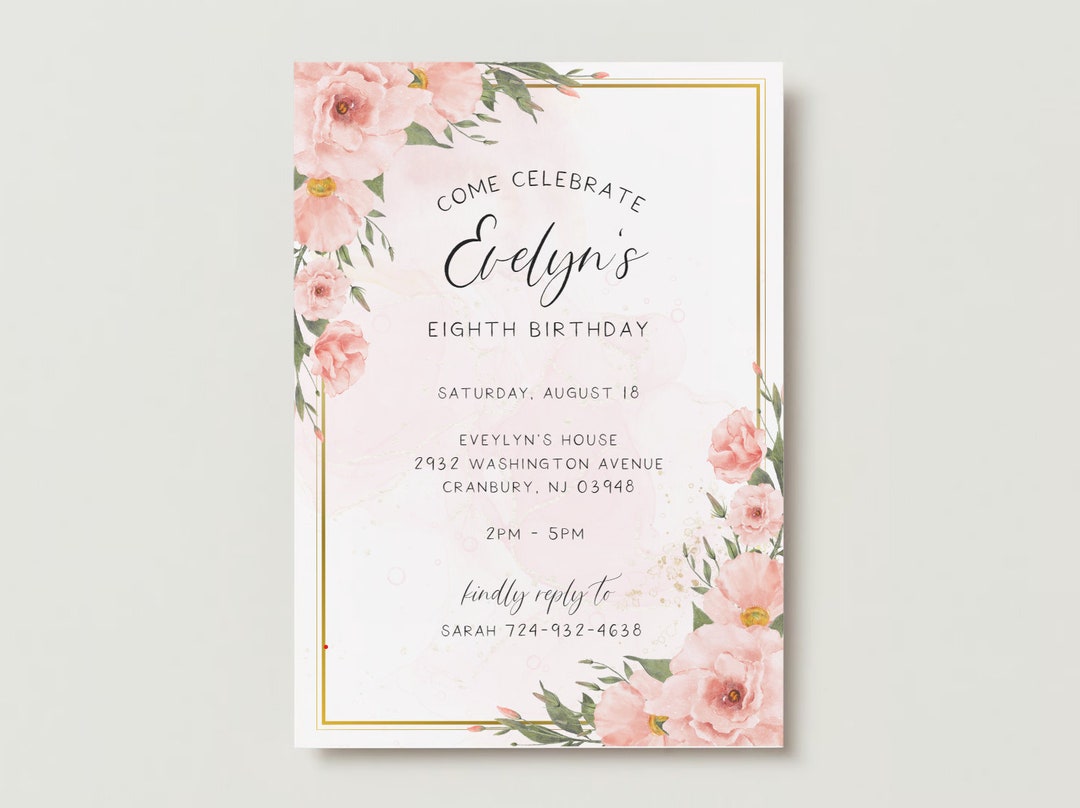 Printable Pink Flower Birthday Invitation, Pink Party, Girl Birthday ...