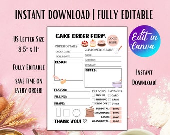 Cake Order Form Editable and Printable Small Business Order Form Template Custom Bakery Order ...