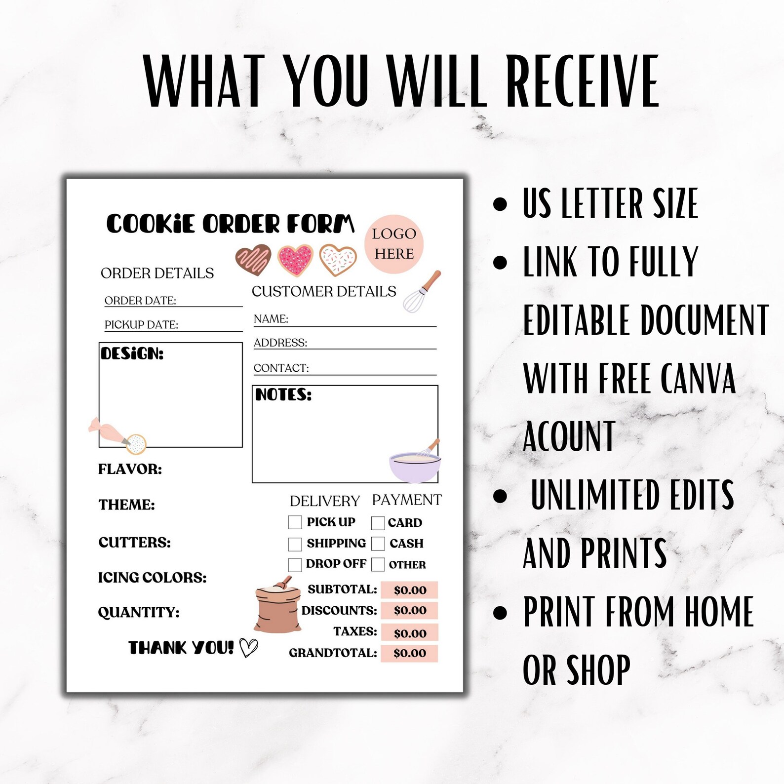 Cookie Order Form Template Bakery Invoice Editable Cake Order Form for ...