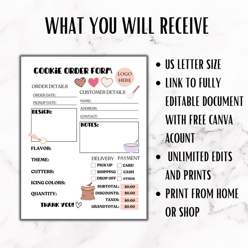 Cookie Order Form Template Bakery Invoice Editable Cake Order Form for ...