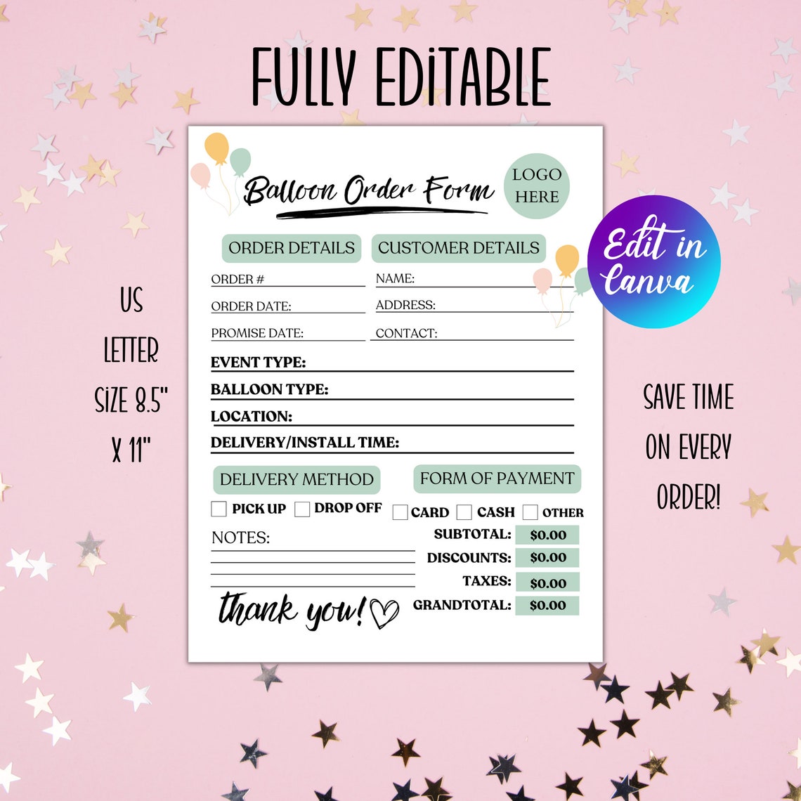 Editable Balloon Order Form Template Custom Balloon Invoice Order ...