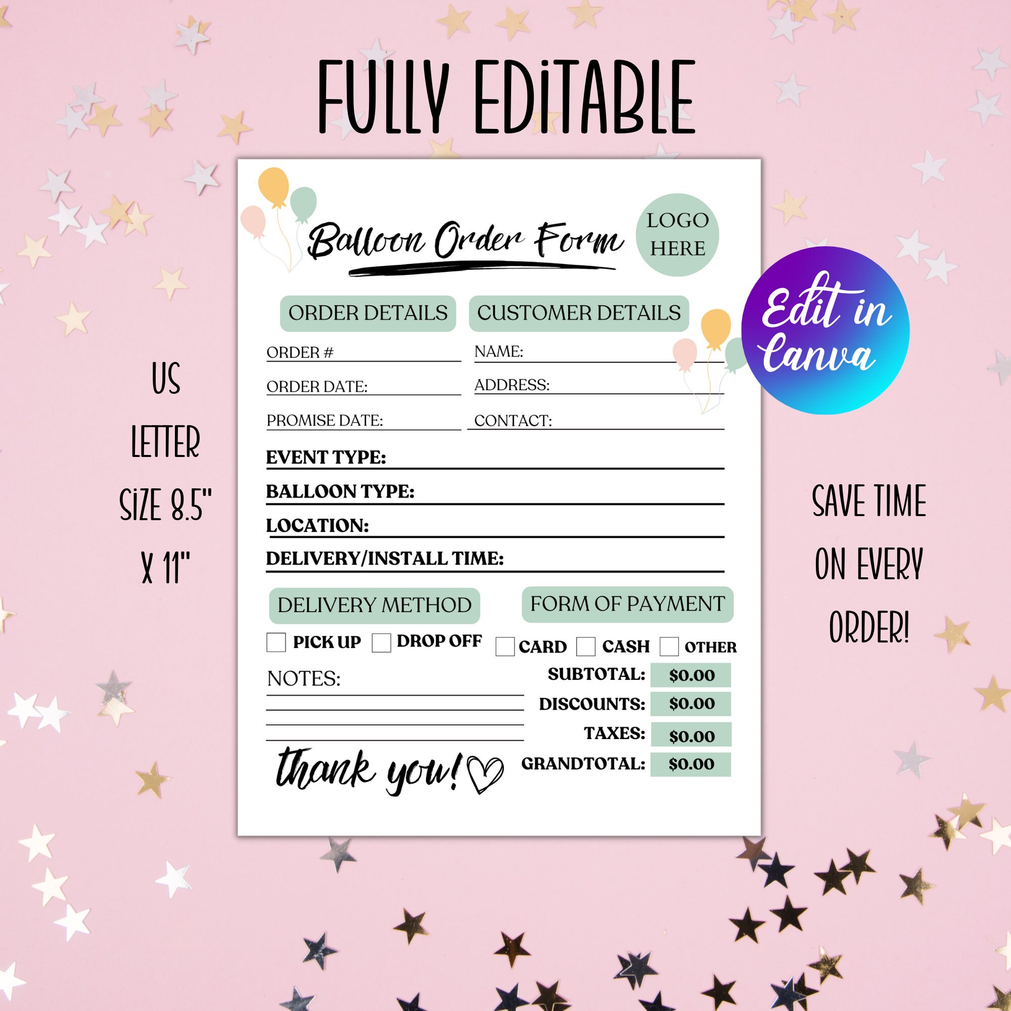 Editable Balloon Order Form Template Custom Balloon Invoice Order ...