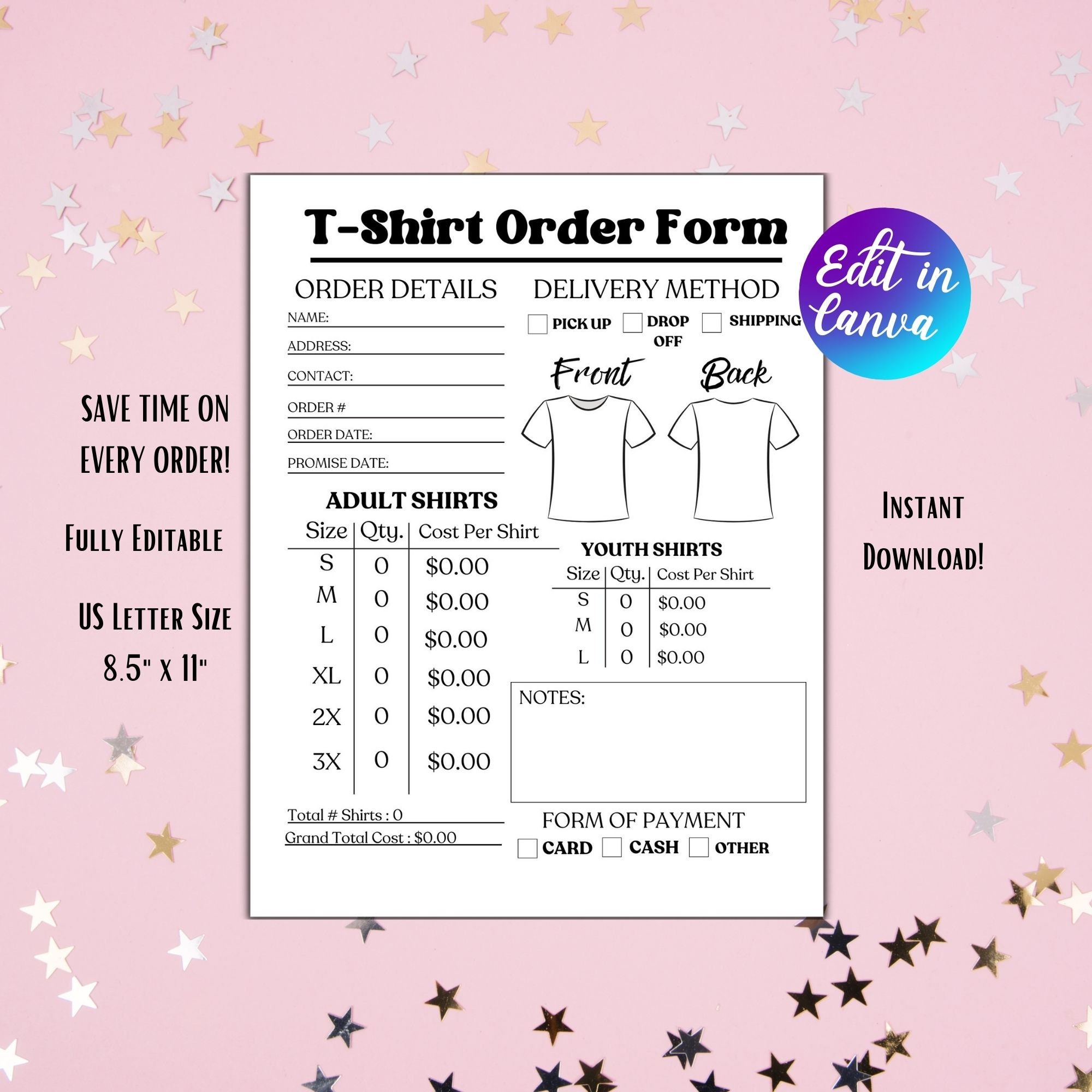 T Shirt Order Form Editable Template for Small Business Custom T-shirt ...
