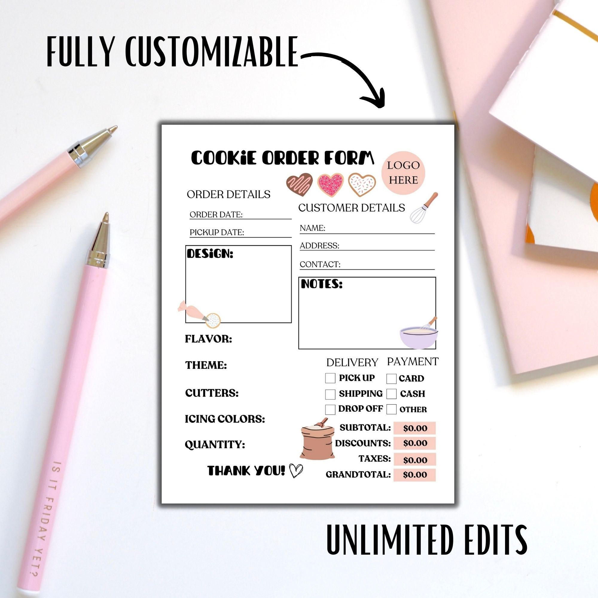 Cookie Order Form Template Bakery Invoice Editable Cake Order Form for ...