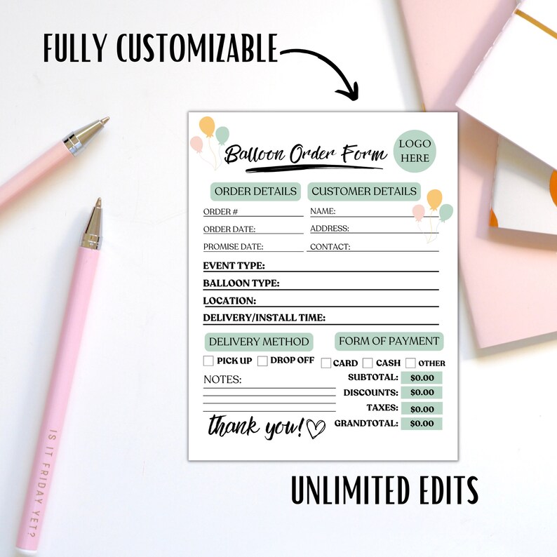 Editable Balloon Order Form Template Custom Balloon Invoice Order ...