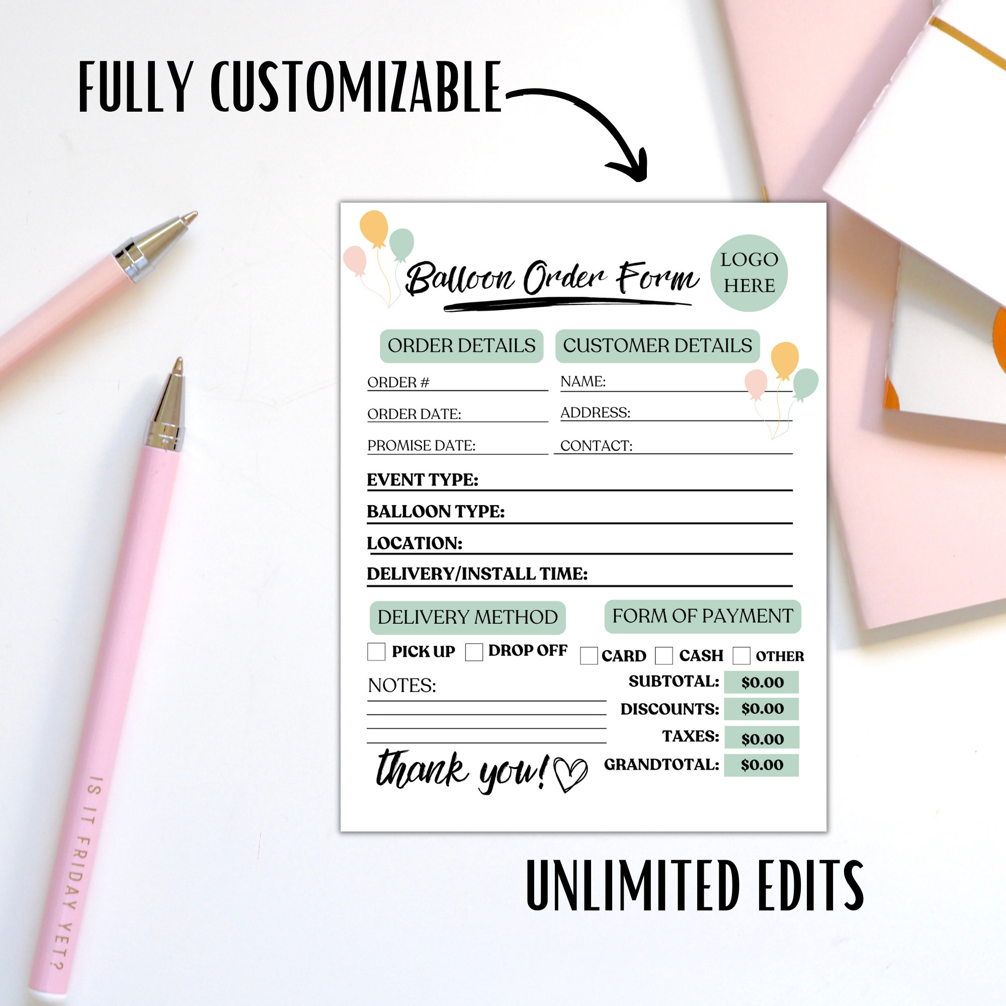 Editable Balloon Order Form Template Custom Balloon Invoice Order Tracker Printable Small ...