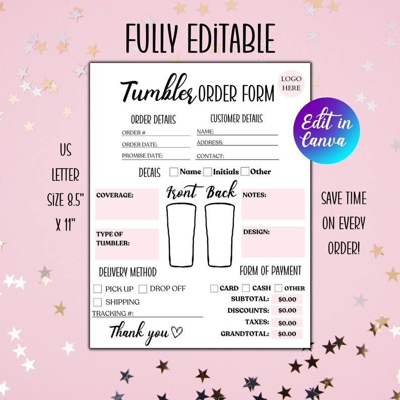 Tumbler Order Form Template Editable Tumbler Business Order Form Printable Canva Template Custom ...