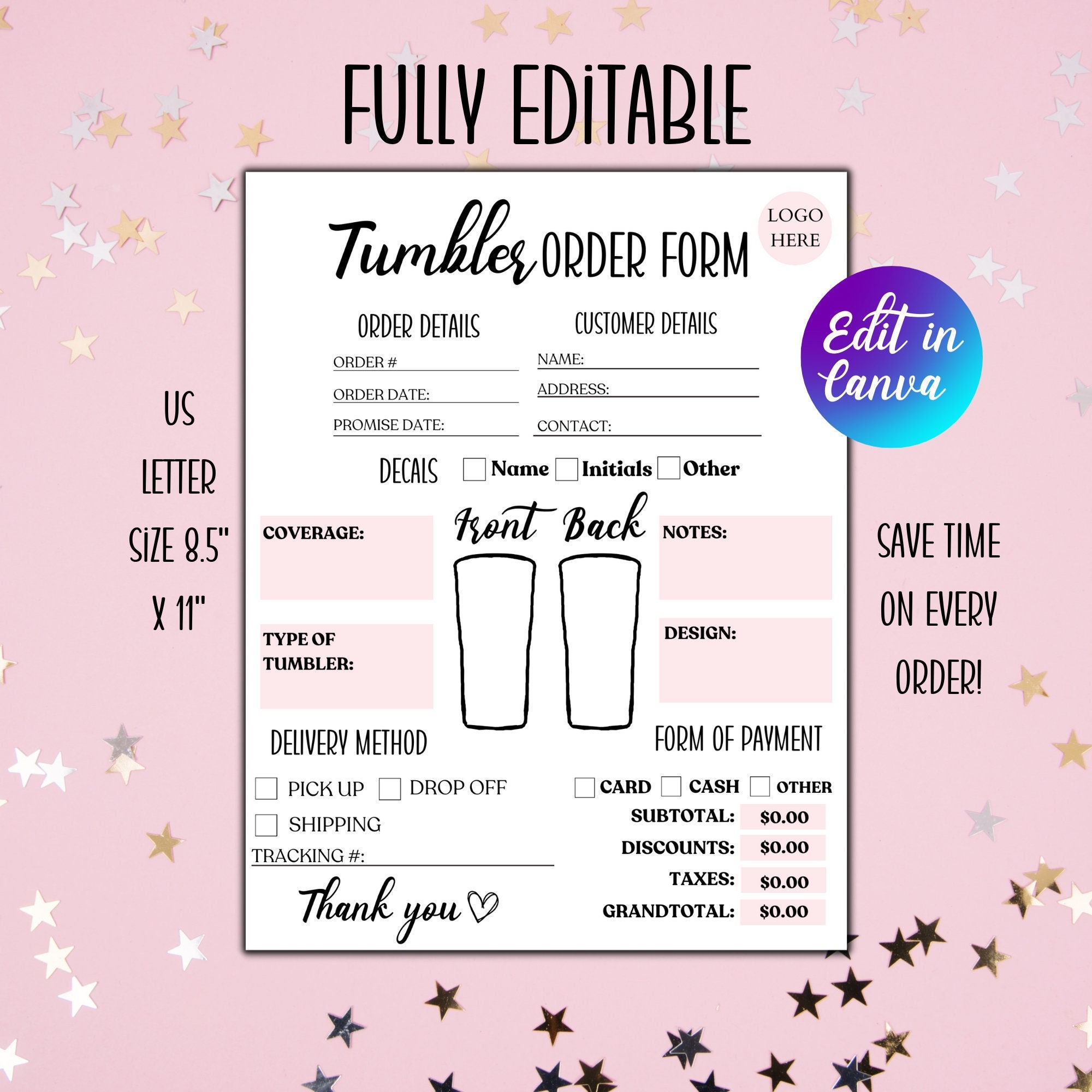 Tumbler Order Form Template Editable Tumbler Business Order Form Printable Canva Template Custom ...