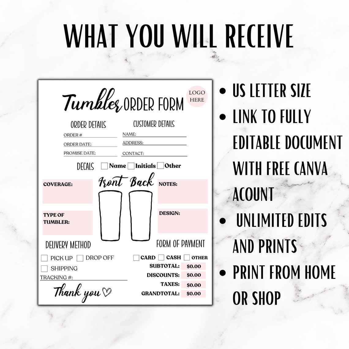 Tumbler Order Form Template Editable Tumbler Business Order Form ...