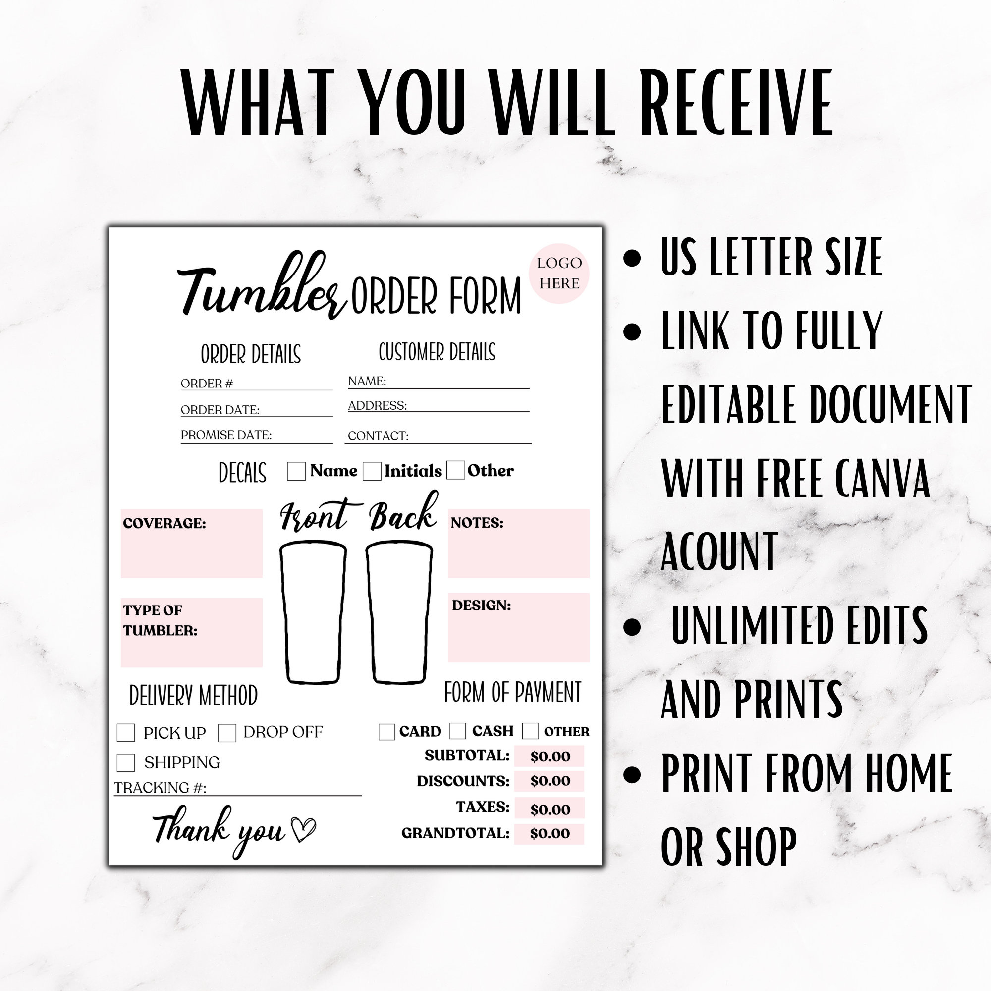 Tumbler Order Form Template Editable Tumbler Business Order Form Printable Canva Template Custom ...