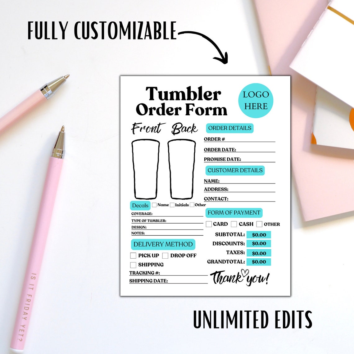 Custom Tumbler Order Form Template Editable Printable Tumbler Form ...