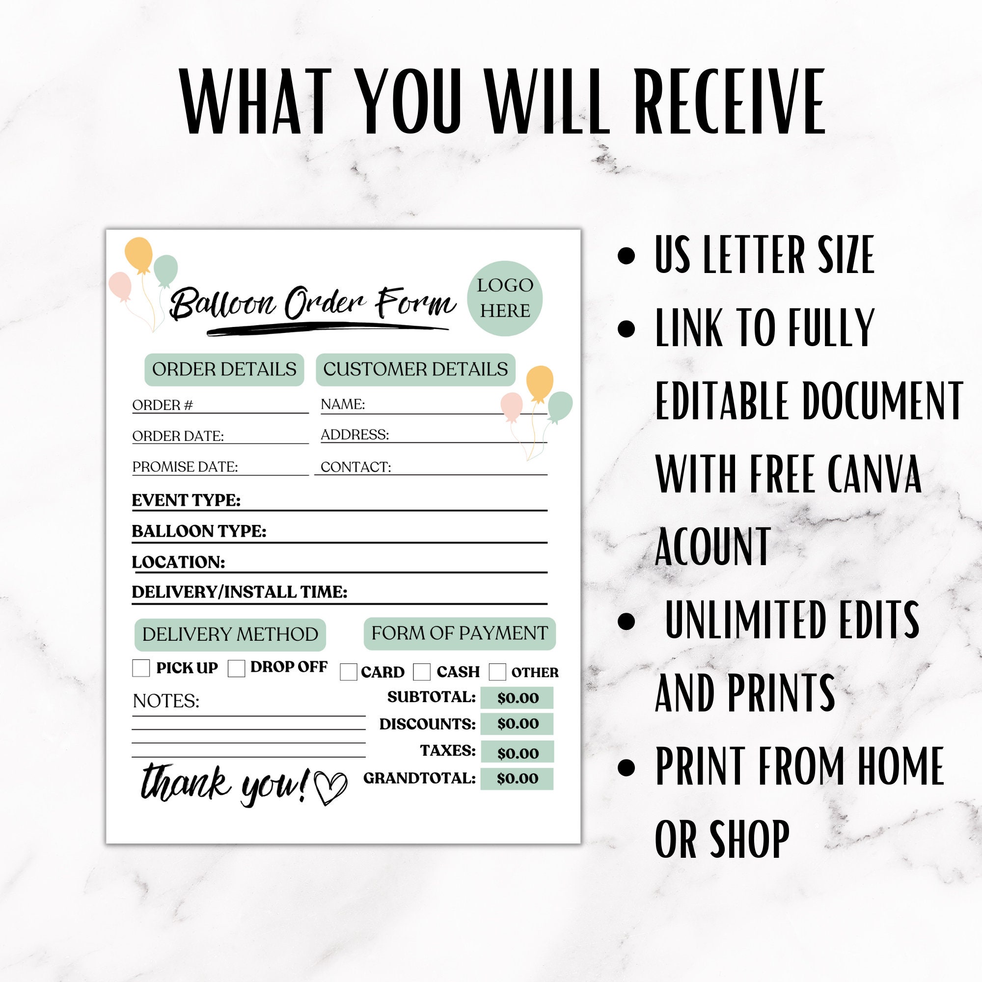 Editable Balloon Order Form Template Custom Balloon Invoice Order ...