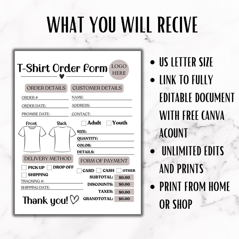 Custom T-shirt Order Form Template for Personalized Shirt Order Form ...
