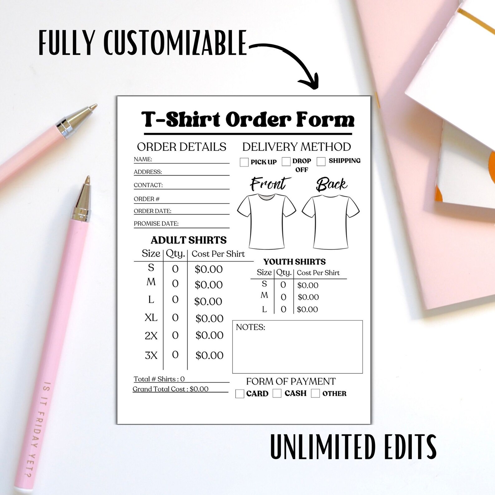 T Shirt Order Form Editable Template for Small Business Custom T-shirt ...