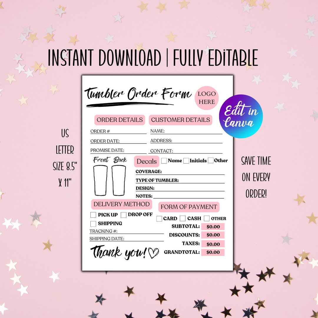 Editable Tumbler Order Form Template Custom Tumbler Order Form Editable ...