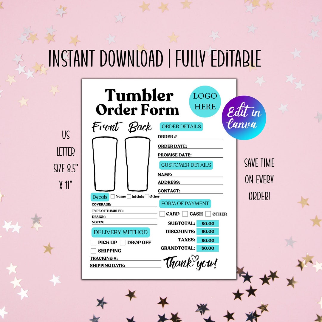 Custom Tumbler Order Form Template Editable Printable Tumbler Form ...