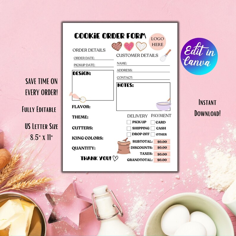 Cookie Order Form Template Bakery Invoice Editable Cake Order Form for ...