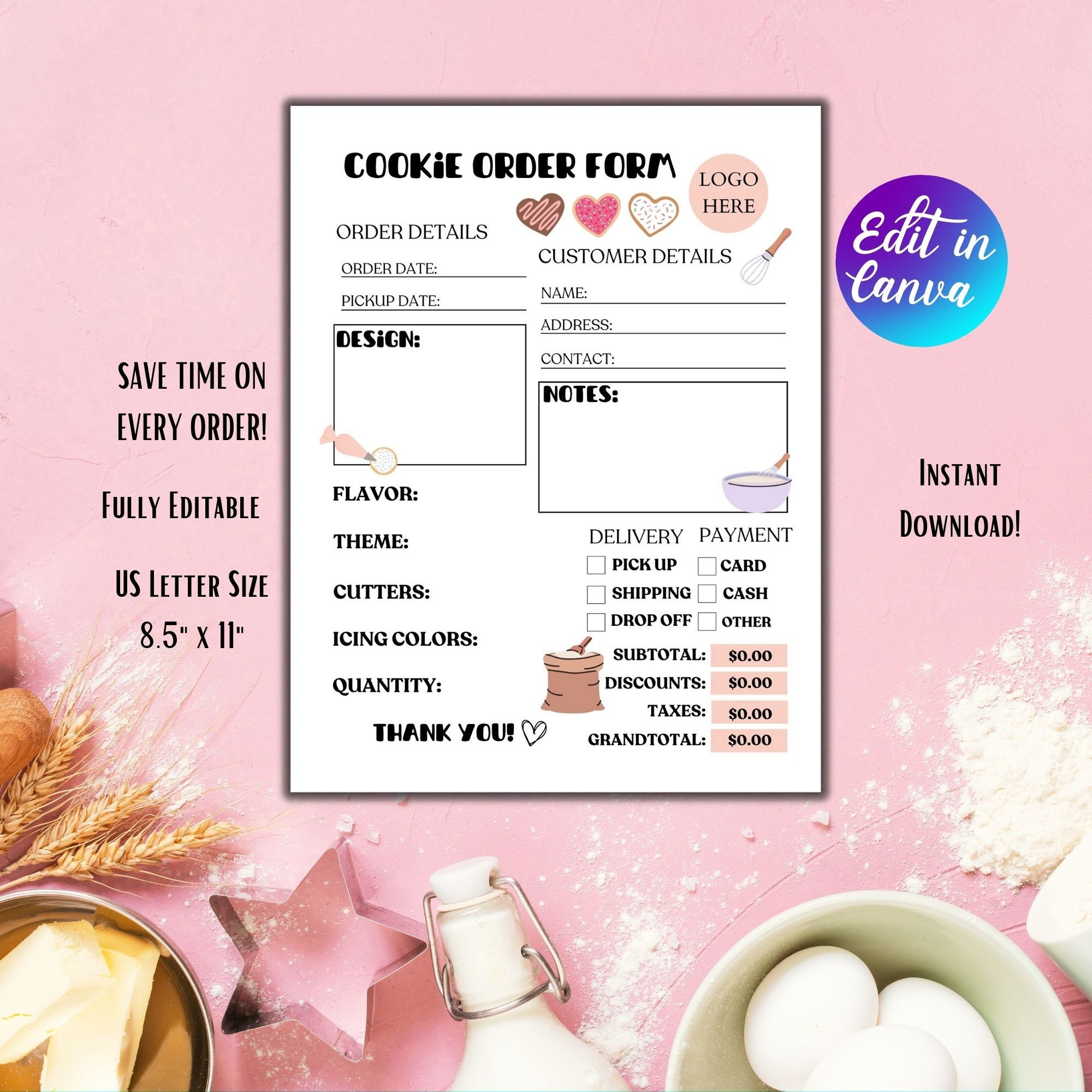 Cookie Order Form Template Bakery Invoice Editable Cake Order Form for ...