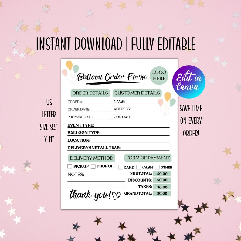 Editable Balloon Order Form Template Custom Balloon Invoice Order ...
