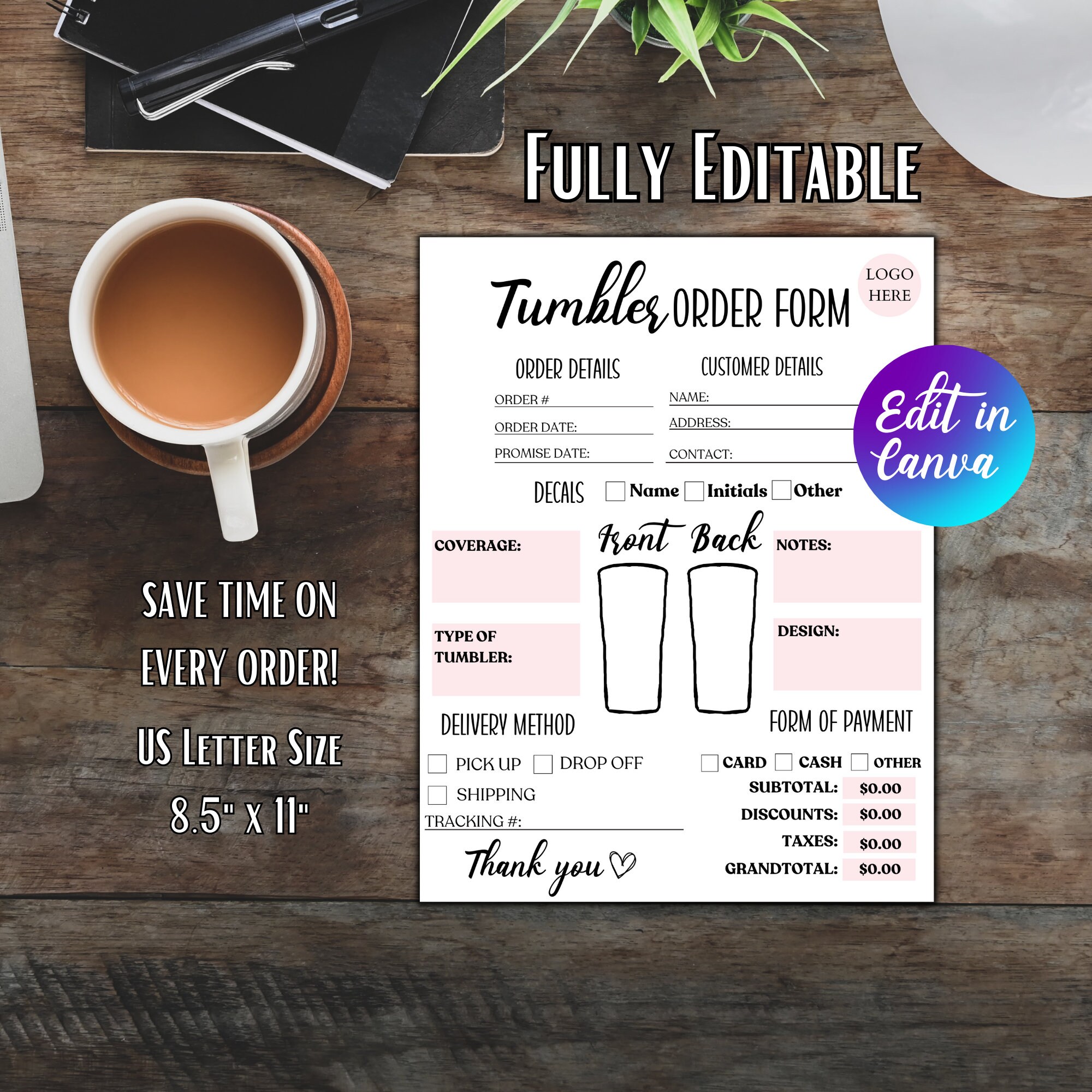 Tumbler Order Form Template Editable Tumbler Business Order Form ...