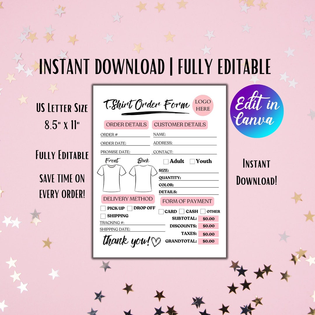 Editable T-shirt Order Forms Custom Shirt Order Form Canva Template for ...