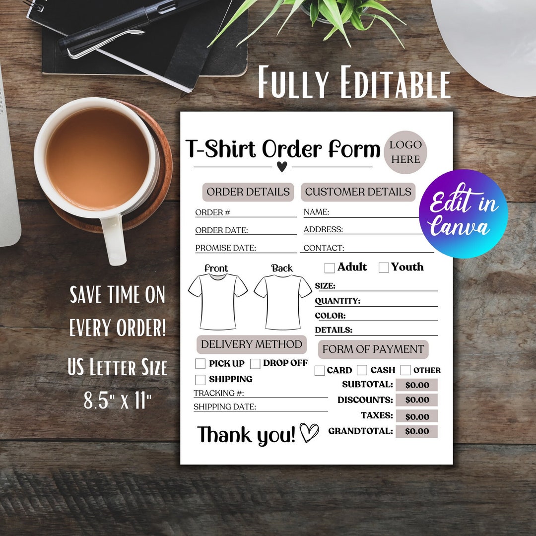 Custom T-shirt Order Form Template for Personalized Shirt Order Form ...
