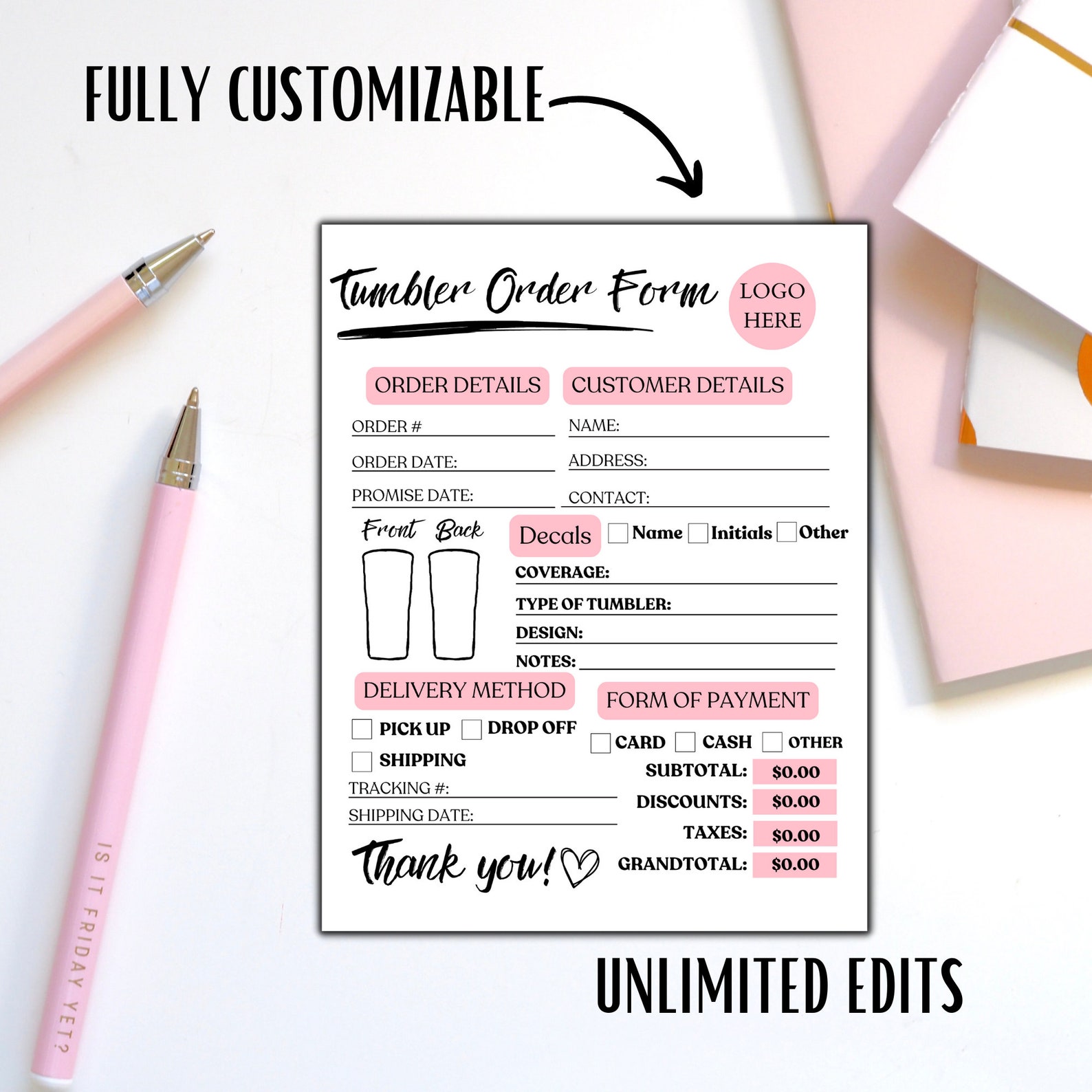 Editable Tumbler Order Form Template Custom Tumbler Order Form Editable Craft Order Form ...