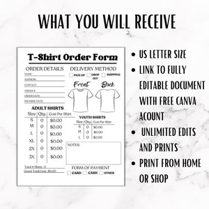 T Shirt Order Form Editable Template for Small Business Custom T-shirt ...