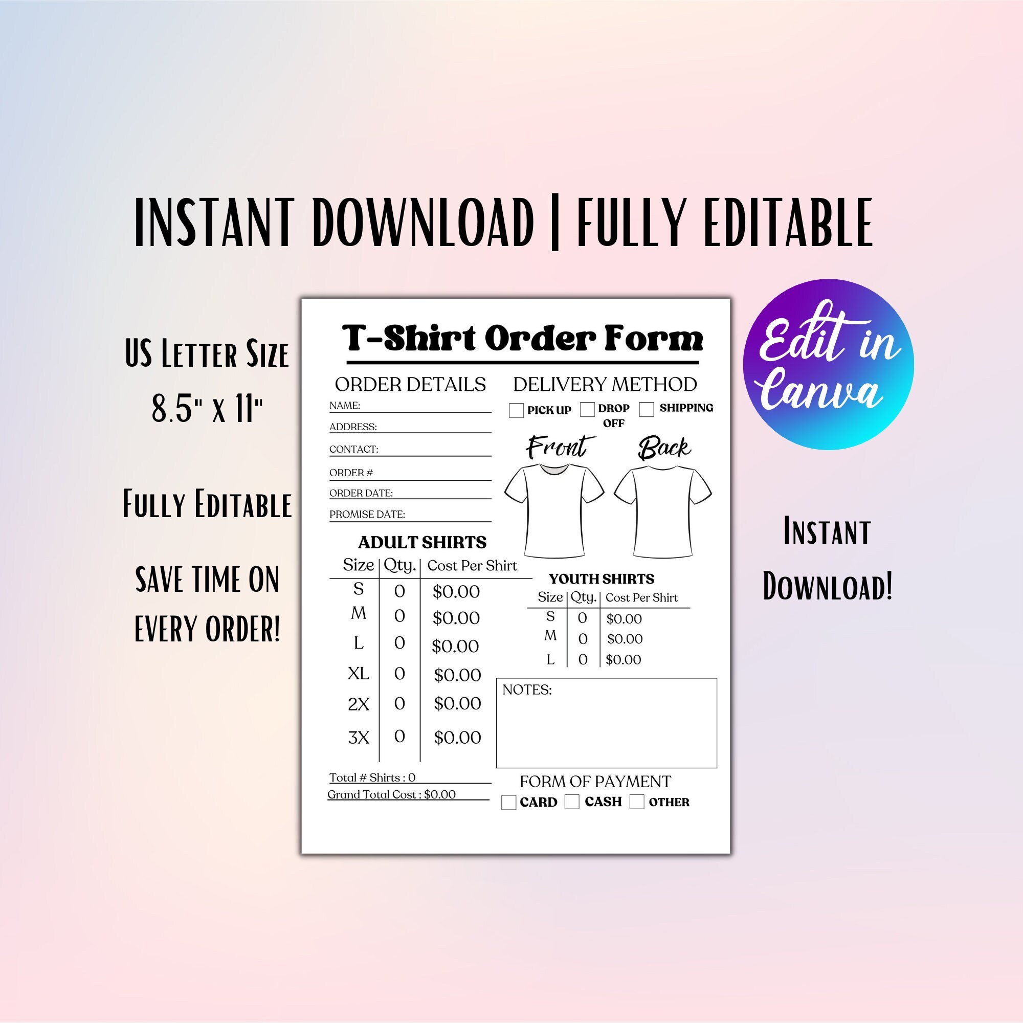 T Shirt Order Form Editable Template for Small Business Custom T-shirt ...