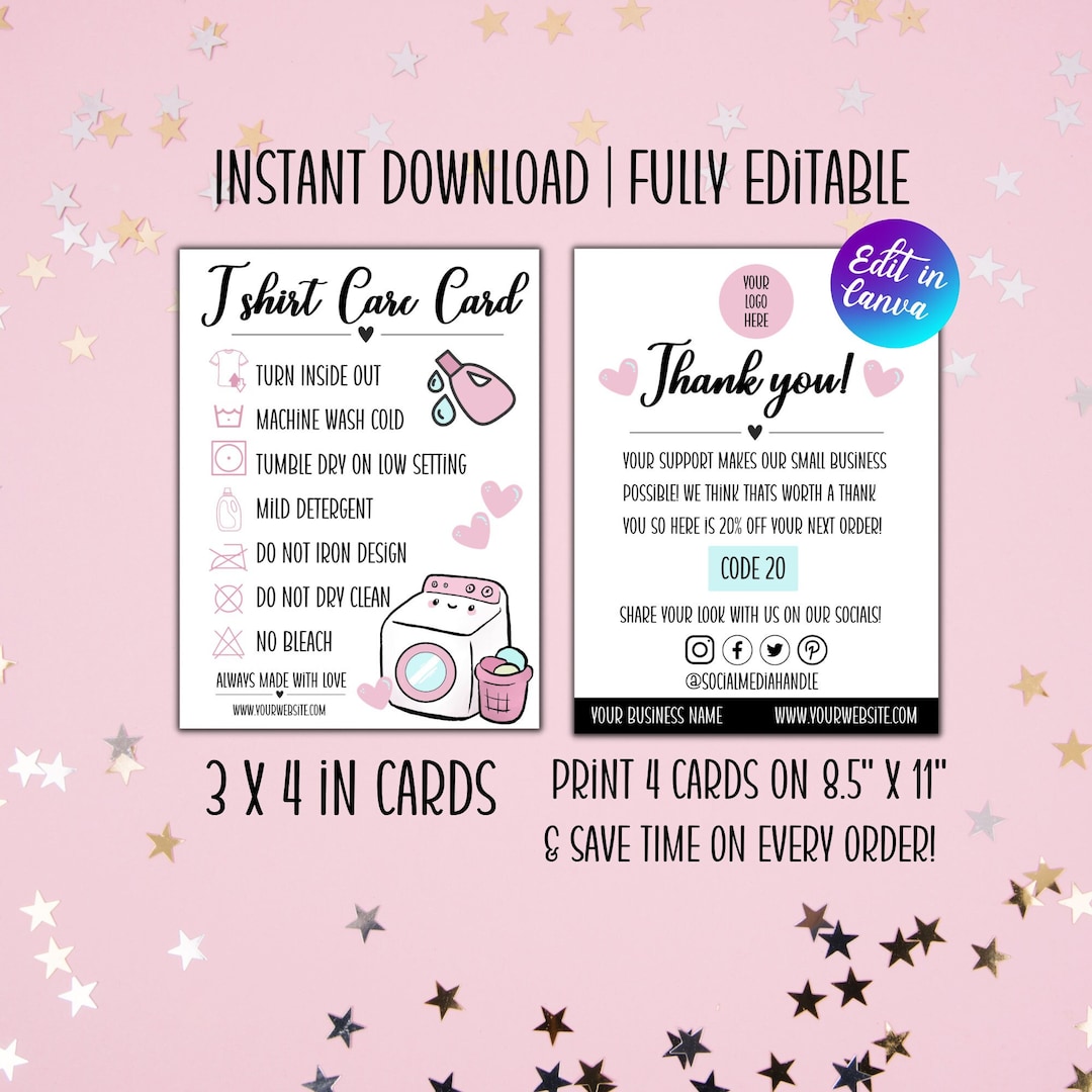 T Shirt Care Card Template Editable Washing Instructions Care Card ...