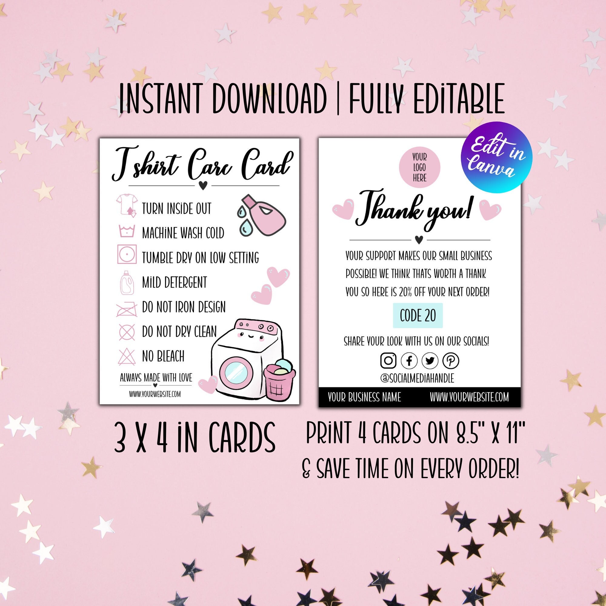 T Shirt Care Card Template Editable Washing Instructions Care Card ...