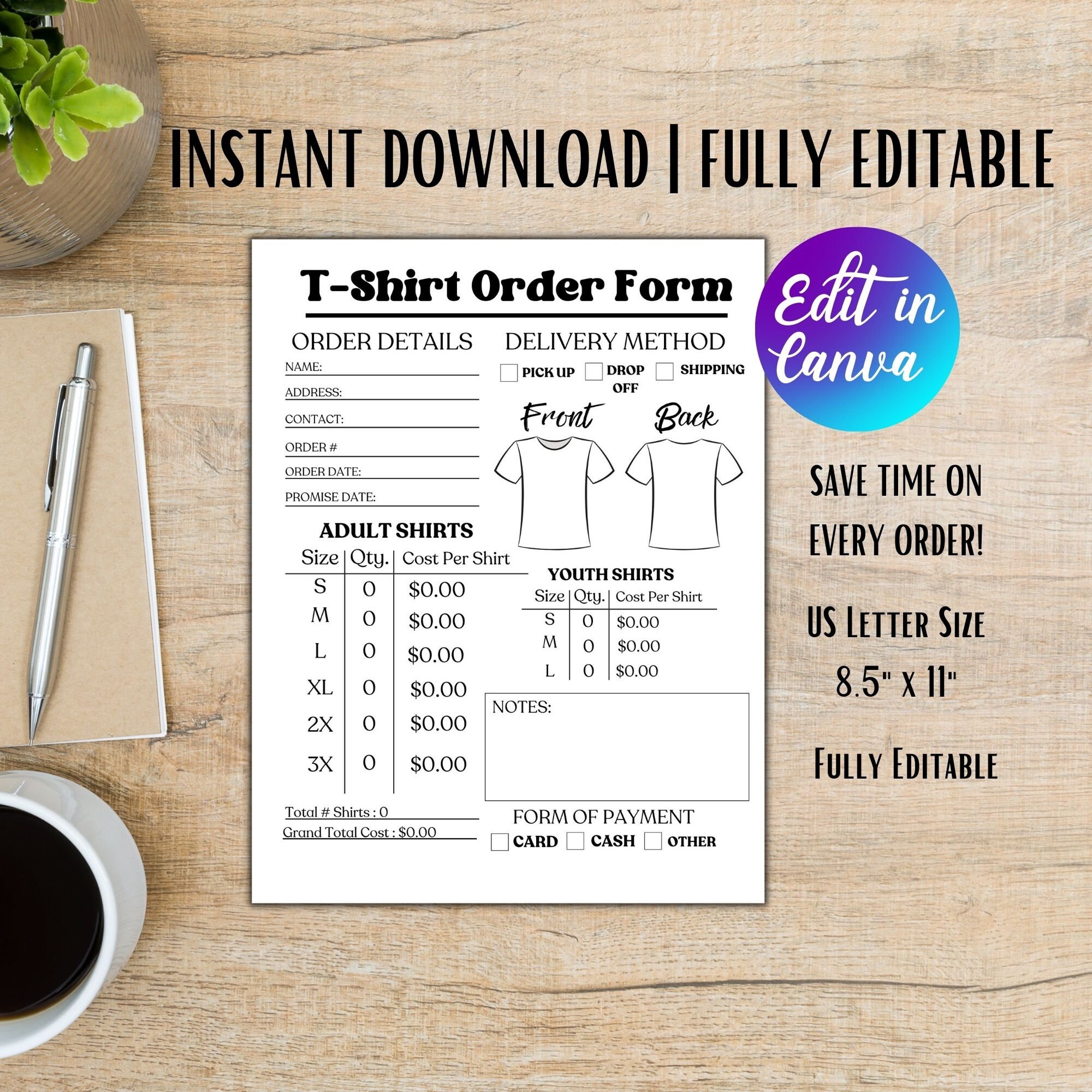 T Shirt Order Form Editable Template for Small Business Custom T-shirt ...