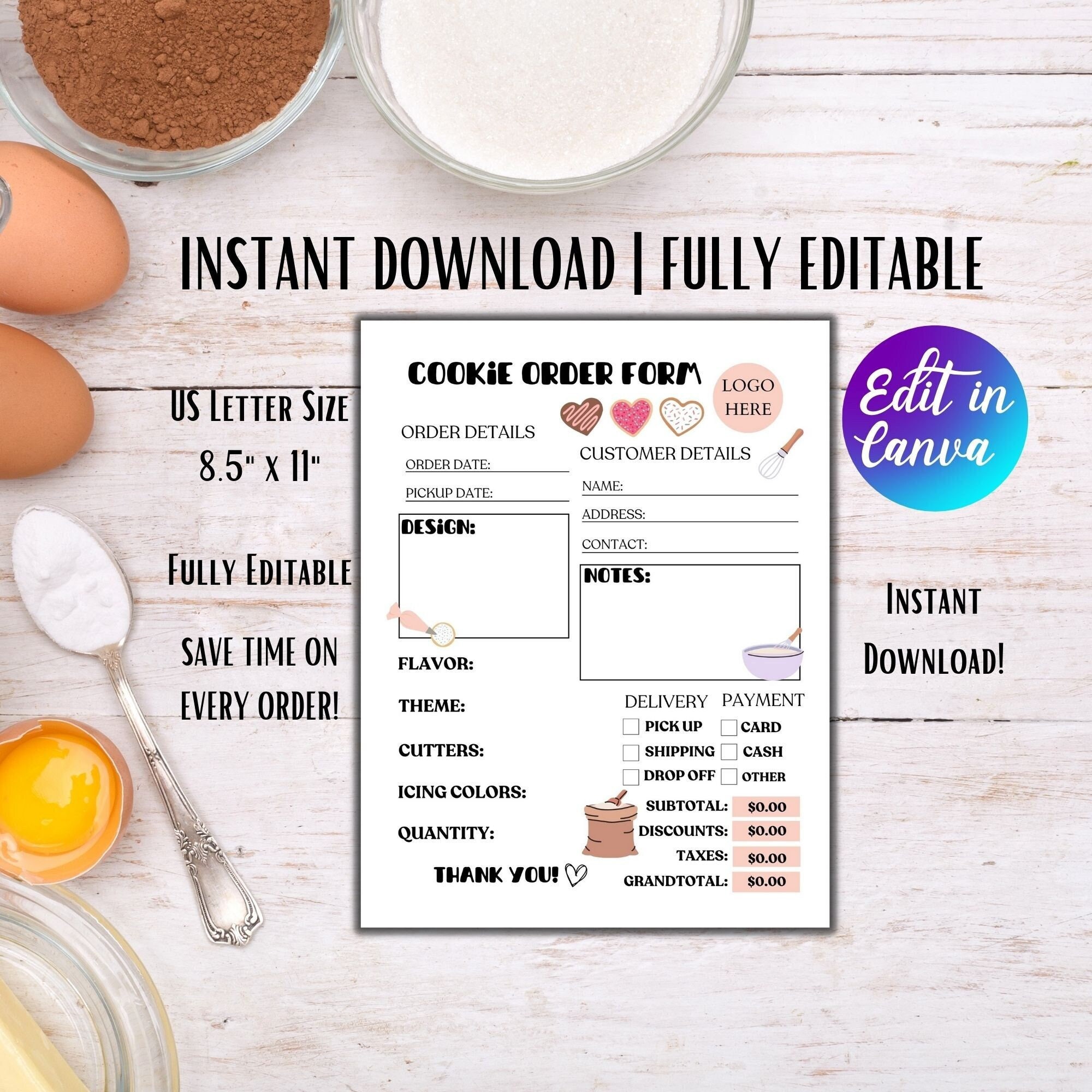 Cookie Order Form Template Bakery Invoice Editable Cake Order Form for ...