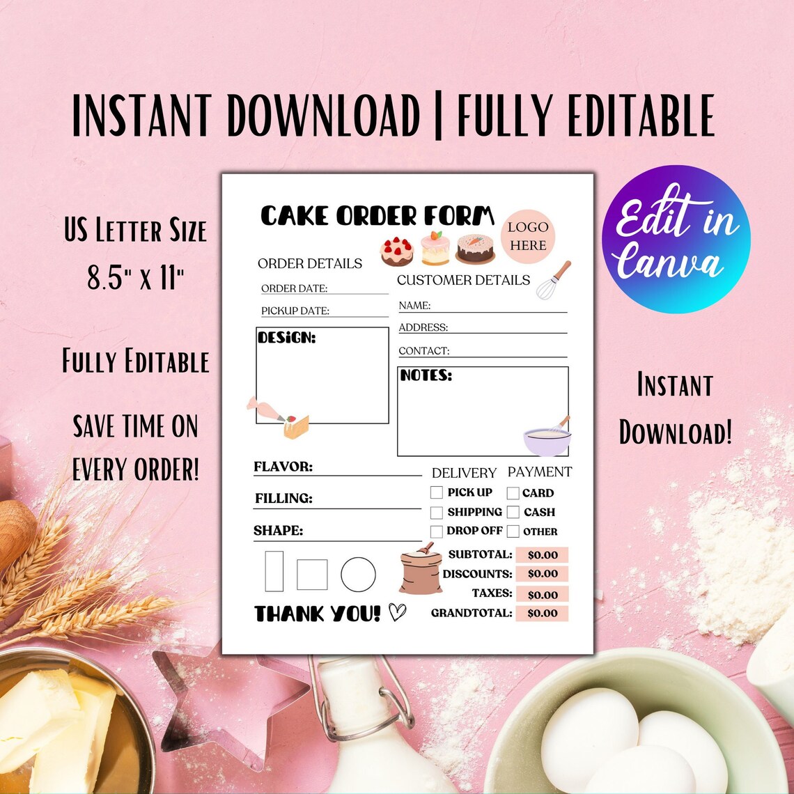 Editable Cake Order Form Template Custom Bakery Order Form Printable ...