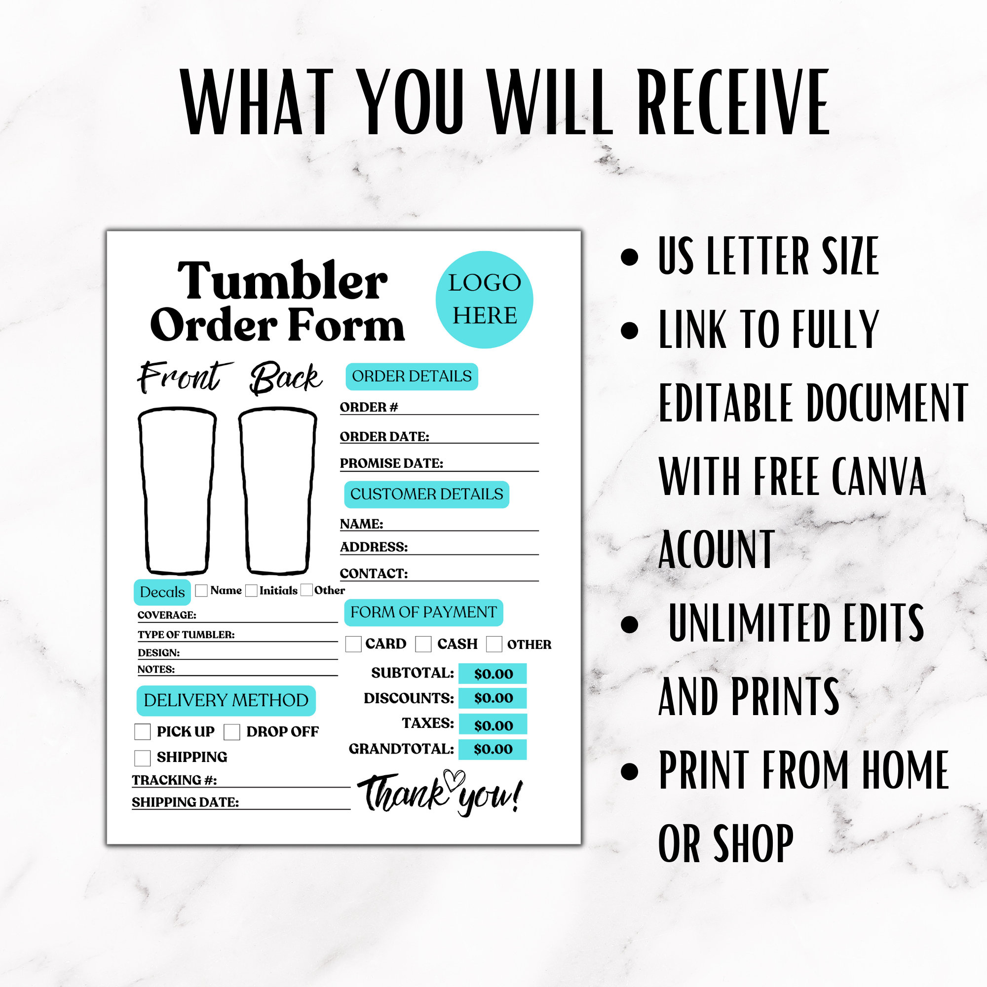 Custom Tumbler Order Form Template Editable Printable Tumbler Form Small Business Forms Tumbler ...