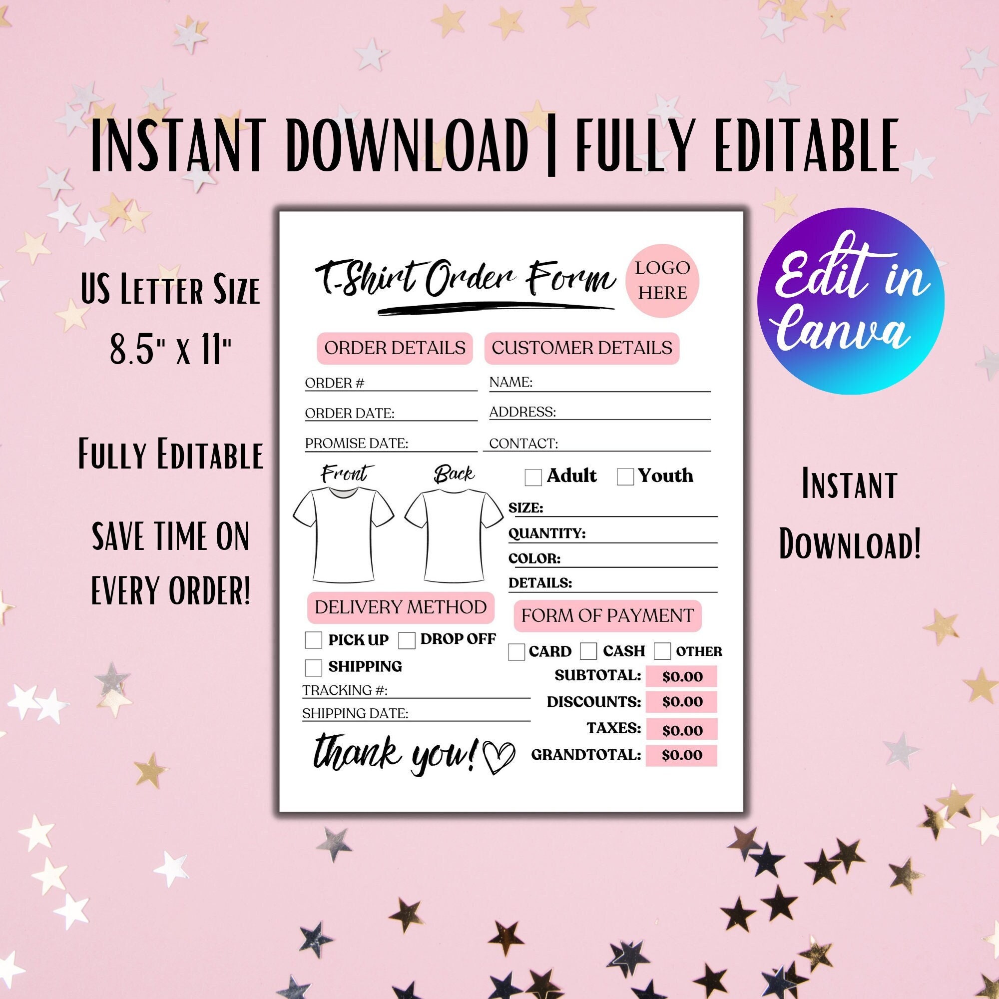 Editable T-shirt Order Forms Custom Shirt Order Form Canva Template for Small Business Printable ...