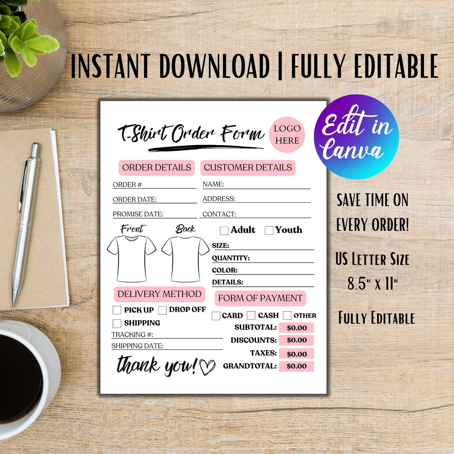 Editable T-shirt Order Forms Custom Shirt Order Form Canva Template for ...