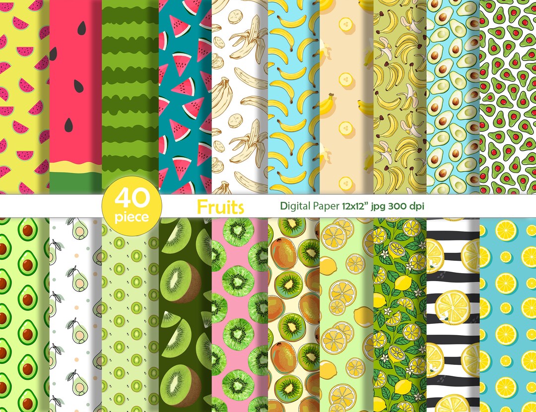 Fruit Digital Paper,fruit Clipart,banana,orange,strawberry,cherry,lemon ...
